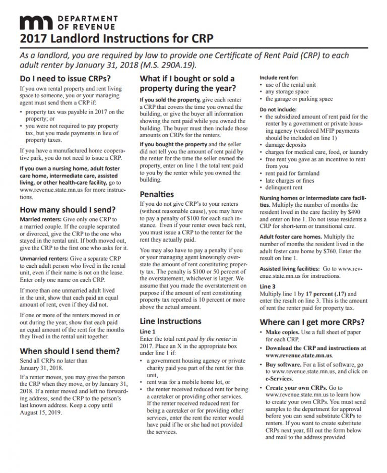 Minnesota CRP, Certificate of Rent Paid 2017